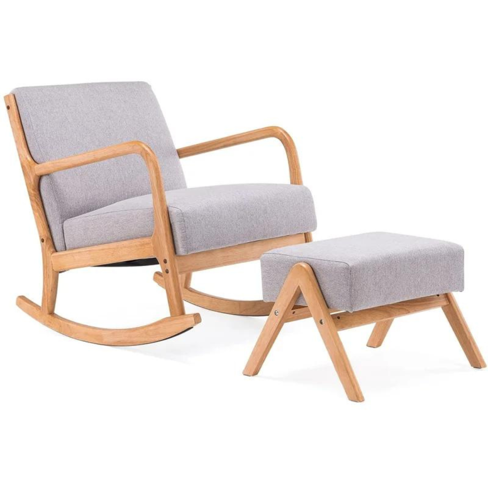 Sedia a dondolo con poggiapiedi in legno e tessuto Holmes grigio ...