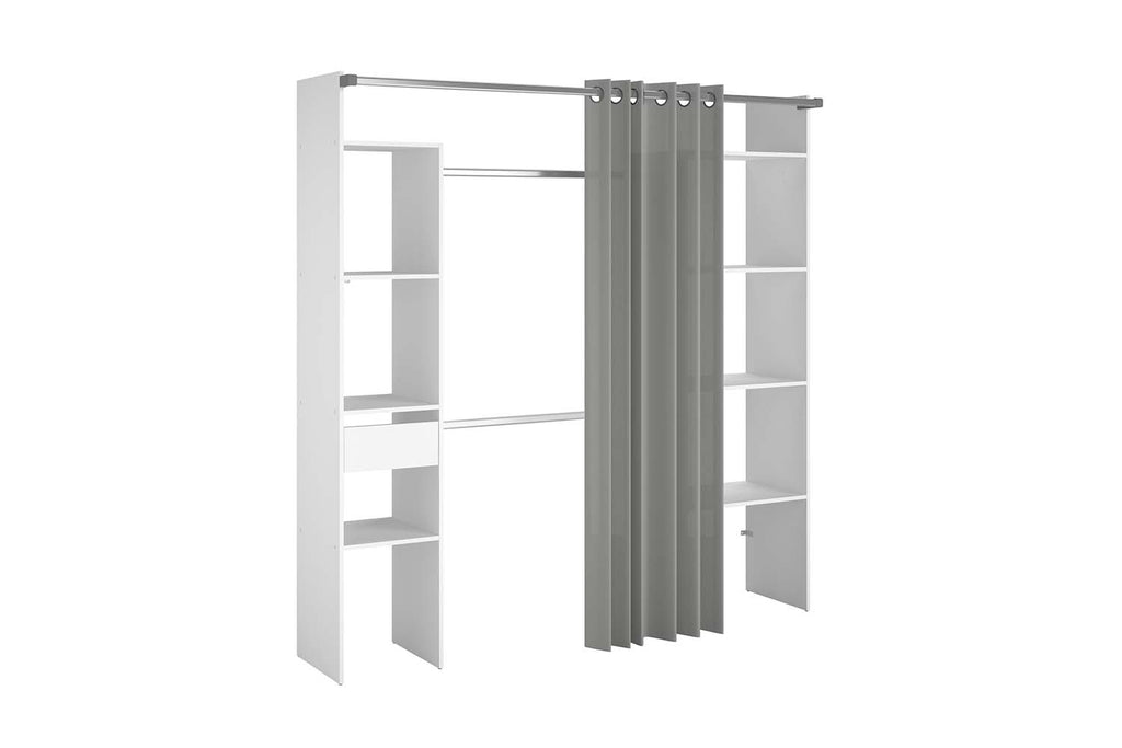 Spogliatoio con tende grigie + 2 armadi + 6 ripiani + 1 cassetto Elysée – Concept-U Italia